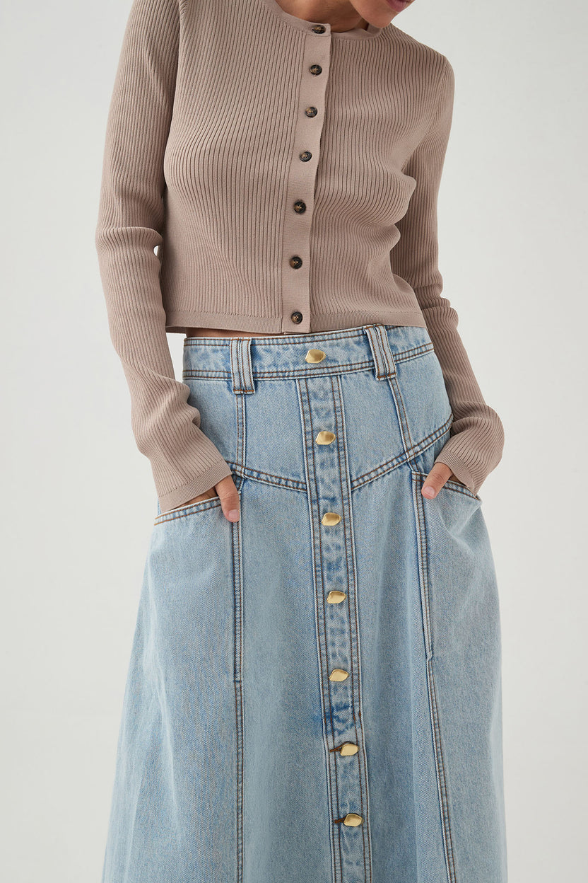 Coast Denim Midi Skirt | Light Sky Wash | Aje – Aje International
